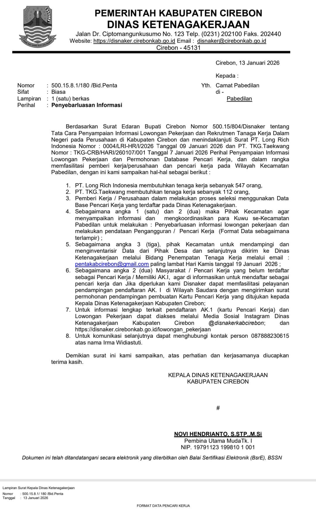 Disnaker Cirebon Sebarkan Informasi Lowongan 659 Pekerjaan di PT ...